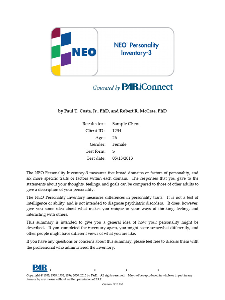 Sample - Neo Pi 3 Summary Report | PDF | Extraversion And Introversion | Mental Health