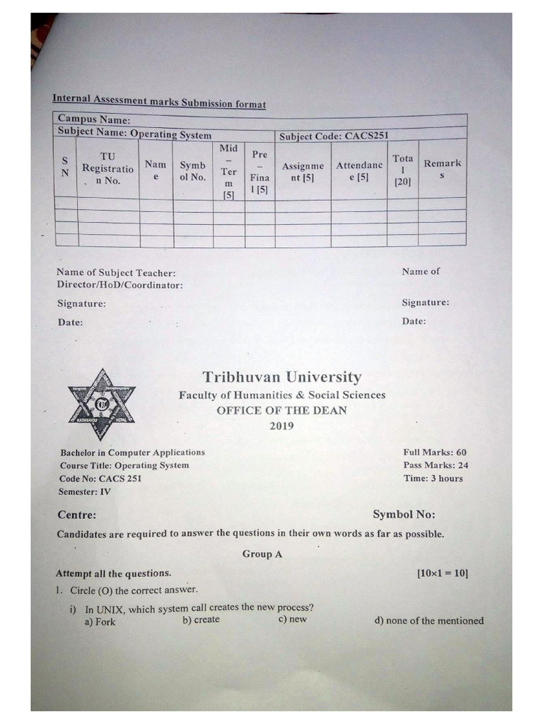 OS 2019 Year Question Paper | PDF