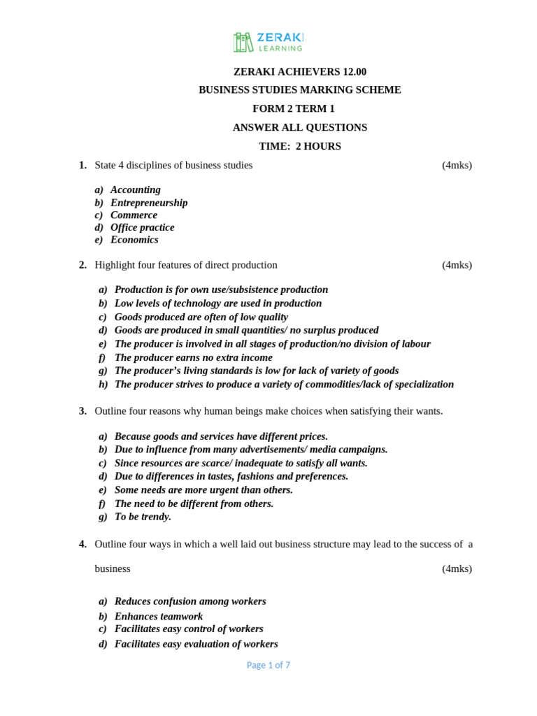 Business Studies Marking Scheme Term 1 | PDF | Partnership | Sole ...