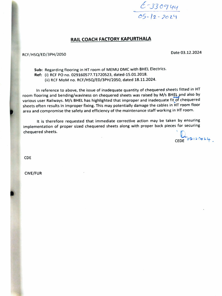 Letter for Chequered Sheet in MEMU DMC | PDF