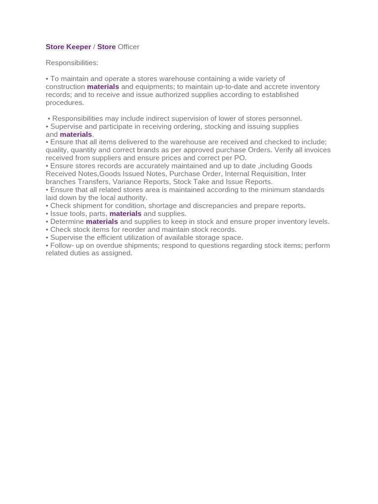Store Keeper Work Profile | PDF