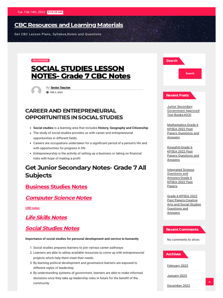 Social Studies Lesson Notes - Grade 7 CBC Notes | PDF | Planets | Earth