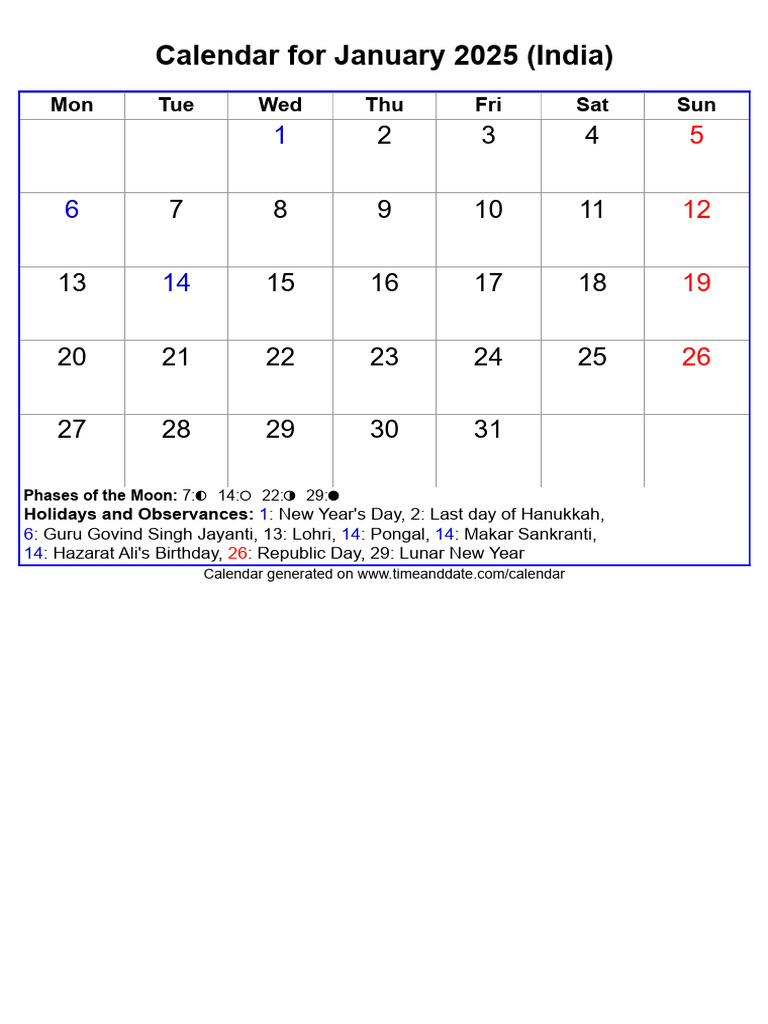 January 2025 India Calendar | PDF