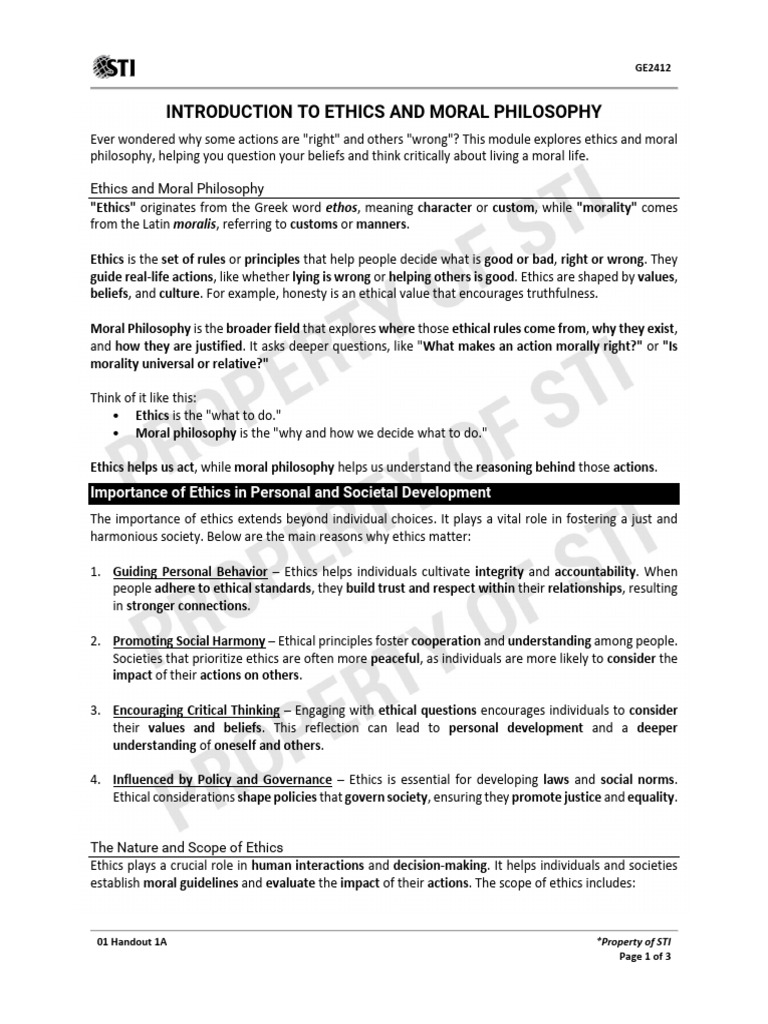 01 Handout EthicsPrelim | PDF | Morality | Justice