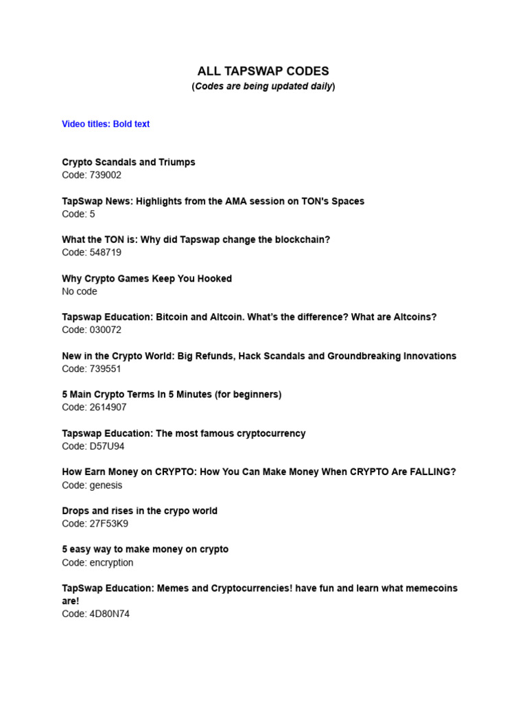 All TapSwap Codes (Up-To-Date) | PDF | Cryptocurrency | Bitcoin