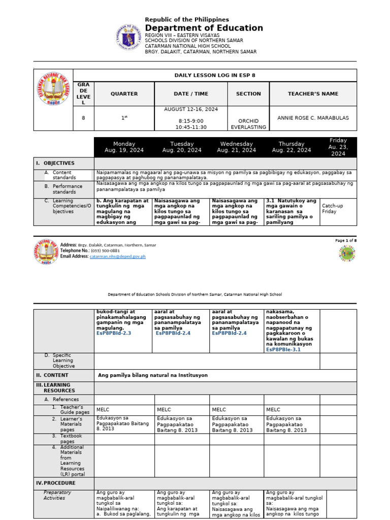 DLL Esp 8 Q1 W4 | PDF