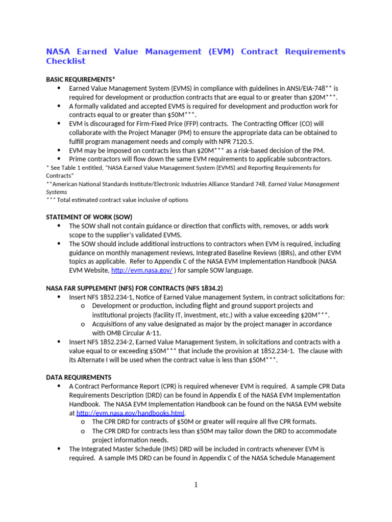 NASA EVM Contract Requirements Guide | PDF | Business