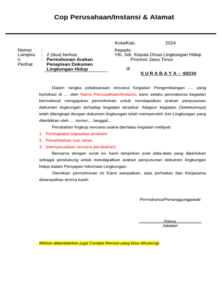 Contoh Surat Permohonan Arahan Dokumen Lingkungan (Perubahan) | PDF
