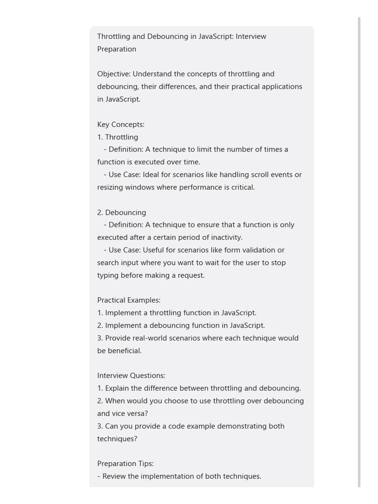 Throttling and Debouncing in JavaScript - Monica AI Chat | PDF | Java Script | Function ...