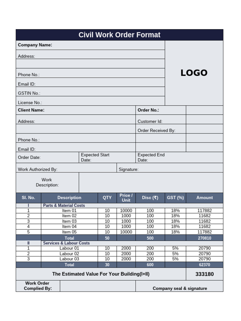 Civil Work Order Template for Contractors | PDF