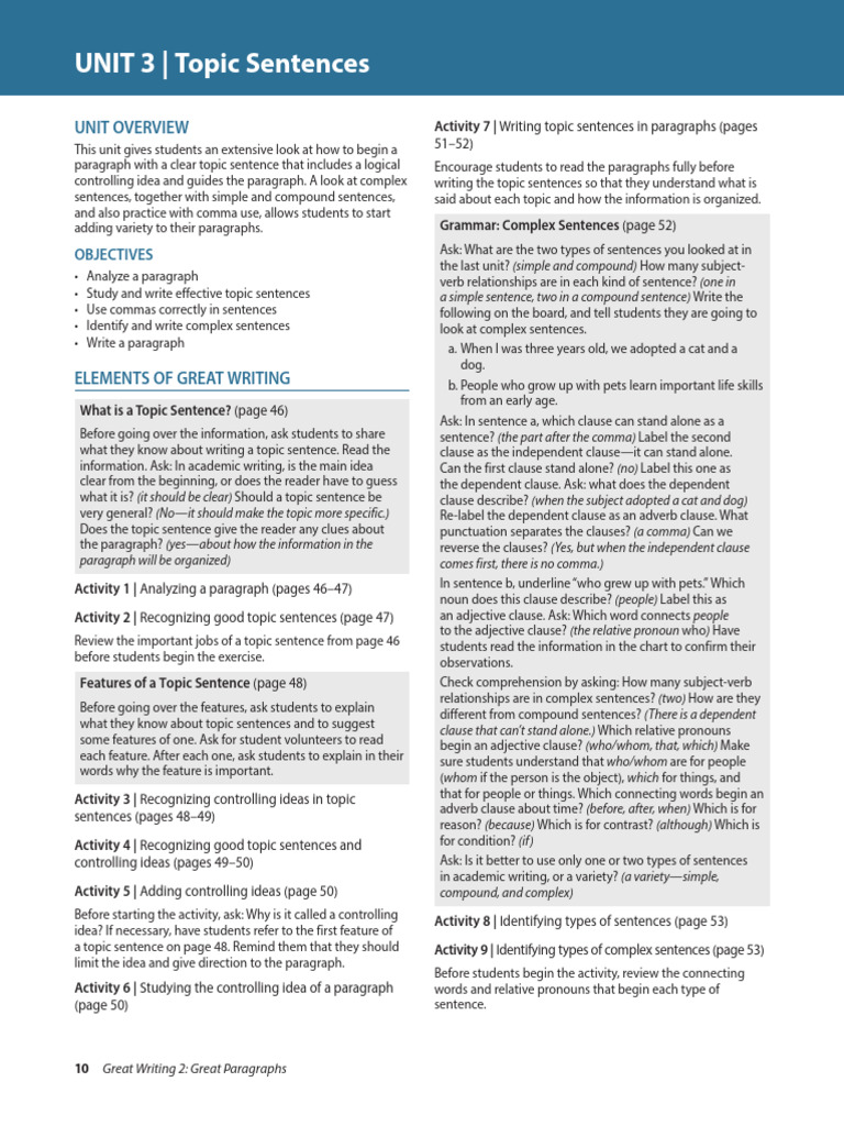 Great Writing 5E - Book 2 Unit 3 - Teacher Notes | PDF | Clause ...
