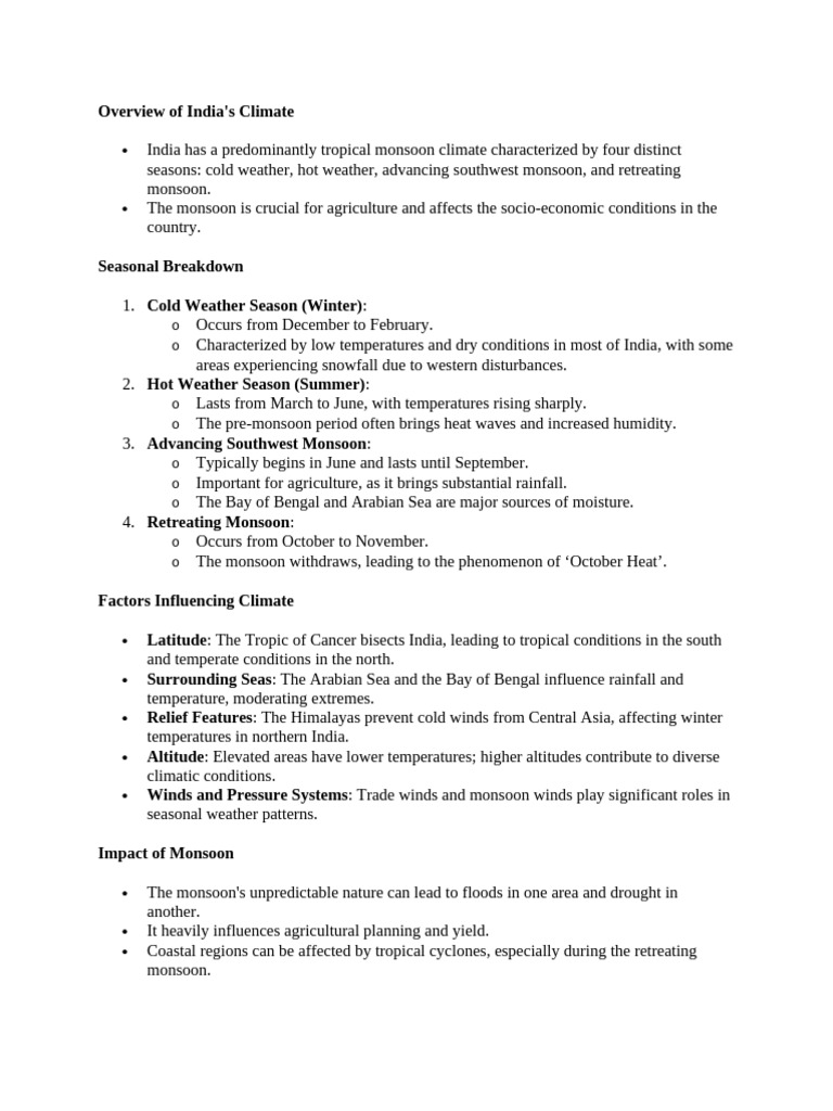 INDIA CLIMATE FRANK CLASS 8 NOTES | PDF | Monsoon | Rain