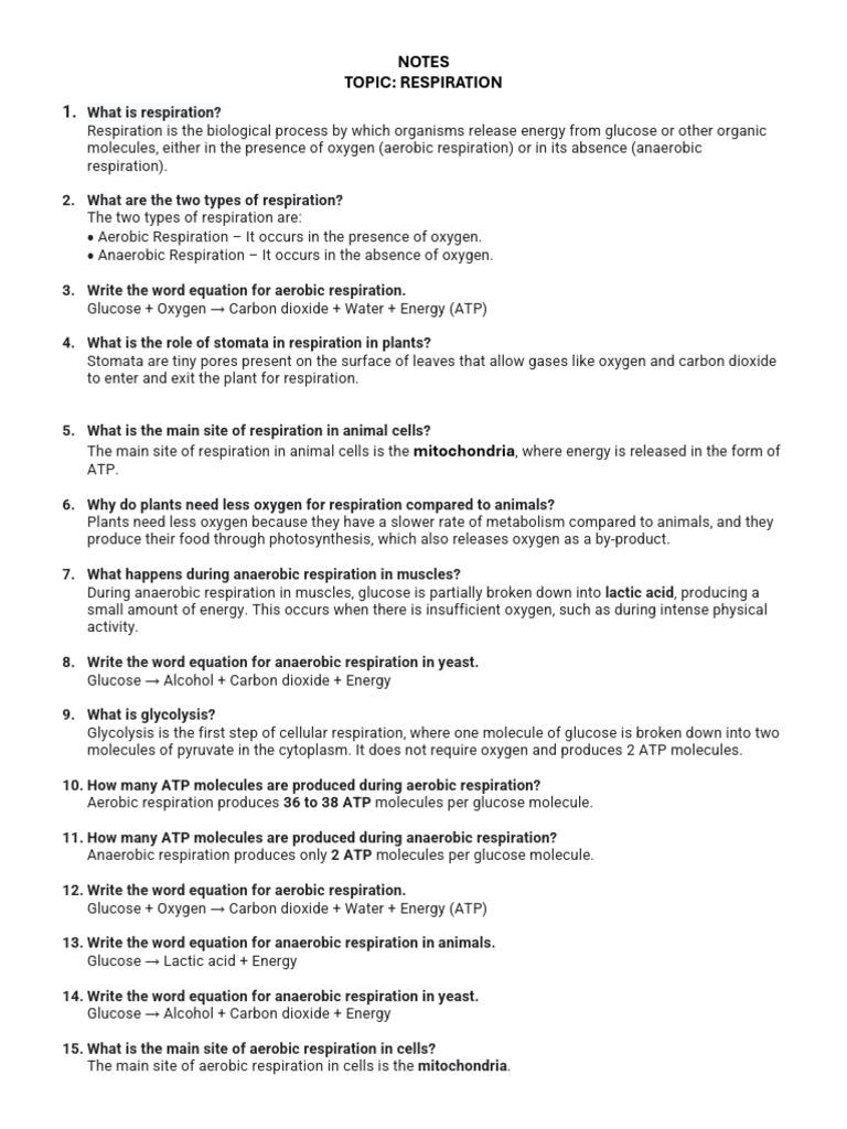 RESPIRATION NOTES | PDF | Cellular Respiration | Adenosine Triphosphate