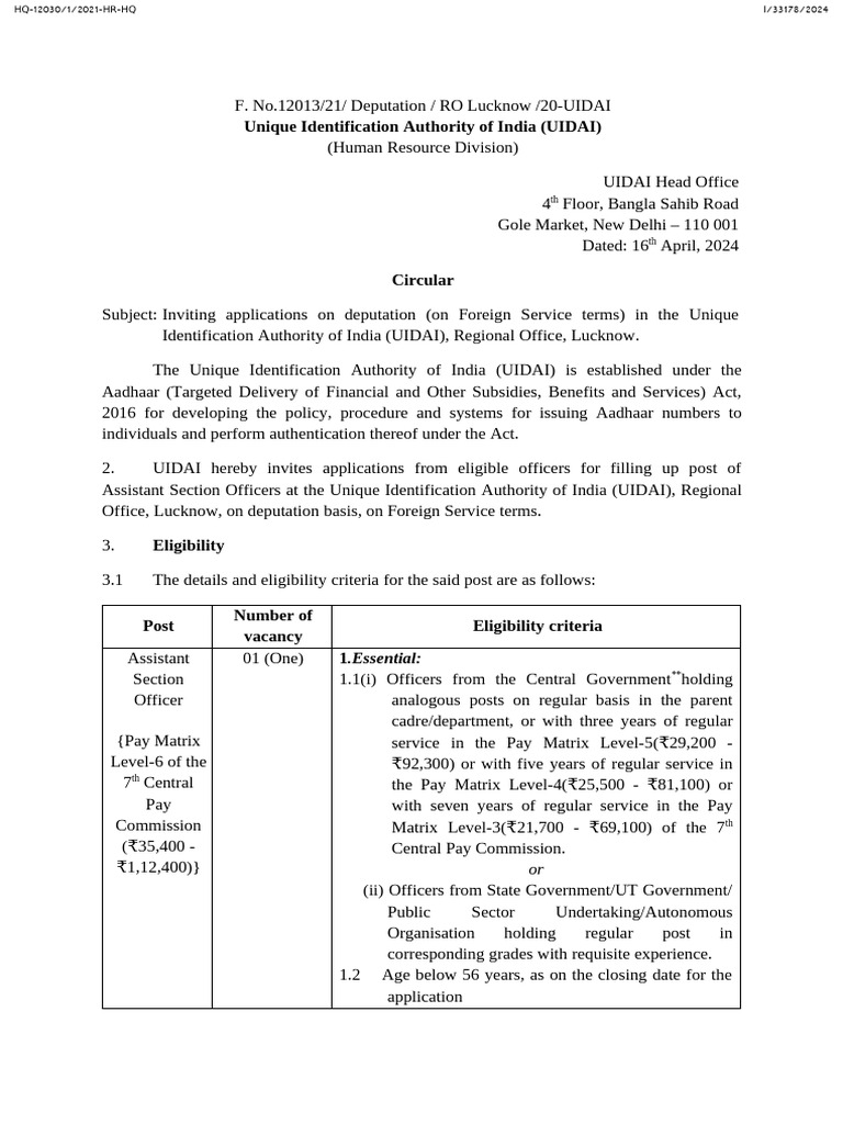 UIDAI Recruitment 2024 3 | PDF | Government Of India