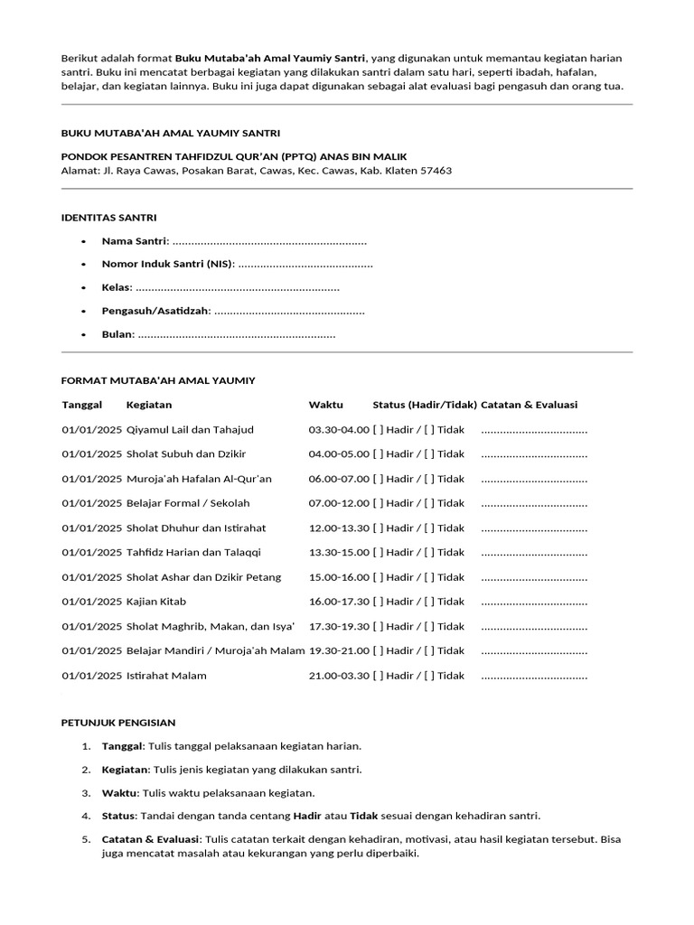 Buku Mutaba'Ah Amal Yaumiy Santri | PDF