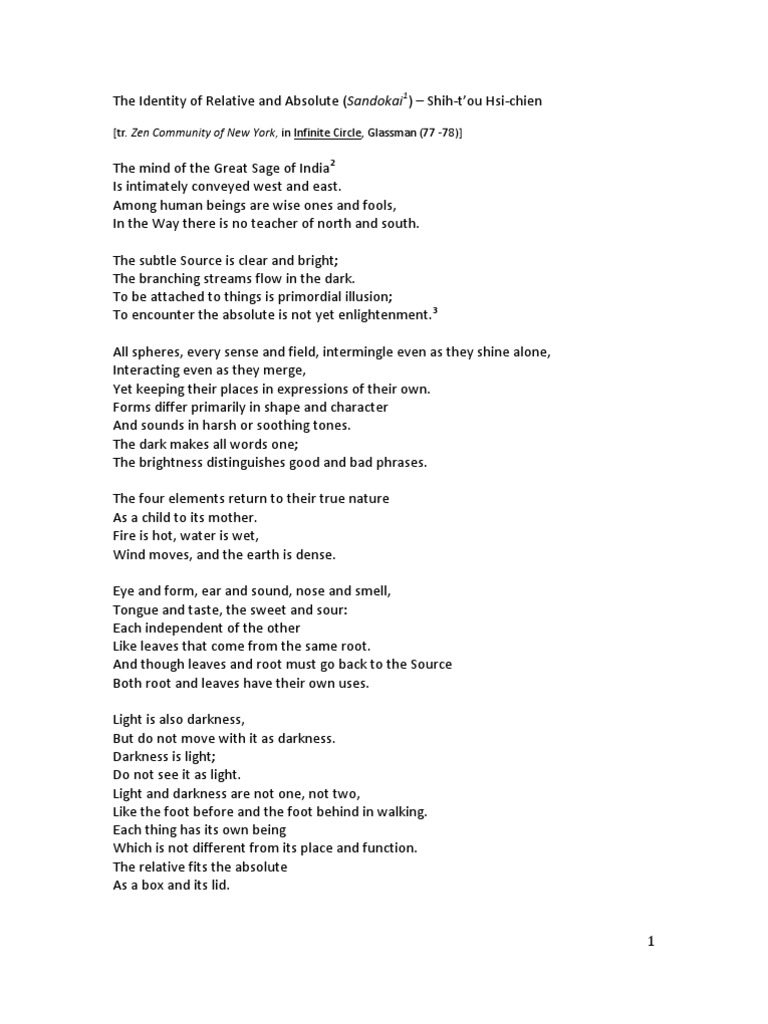 The Identity of Relative and Absolute Sandokai | PDF | Taste | Gautama ...