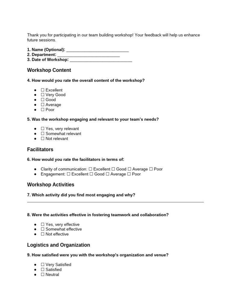 Team Building Workshop Feedback Form | PDF