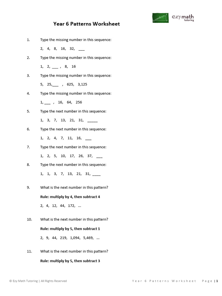 Year 6 Patterns Worksheet | PDF