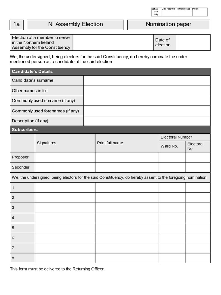 Nomination Paper Pack Northern Ireland Assembly (Types - Live Election ...