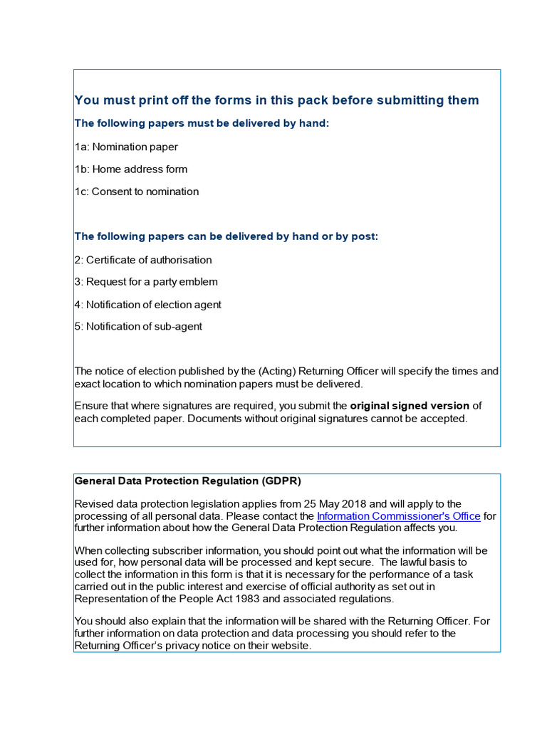 UK Election Nomination Paper Checklist | PDF | Elections | Parliament ...