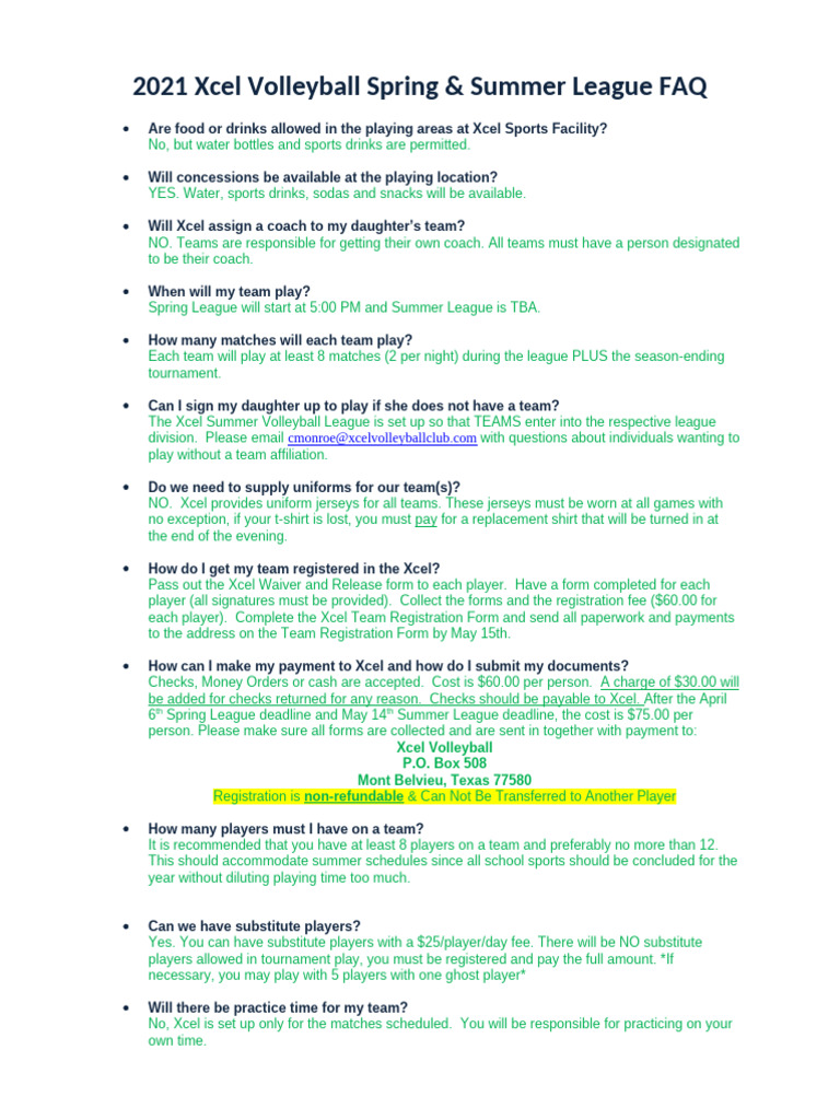 2021 Xcel Spring Summer League FAQ | PDF