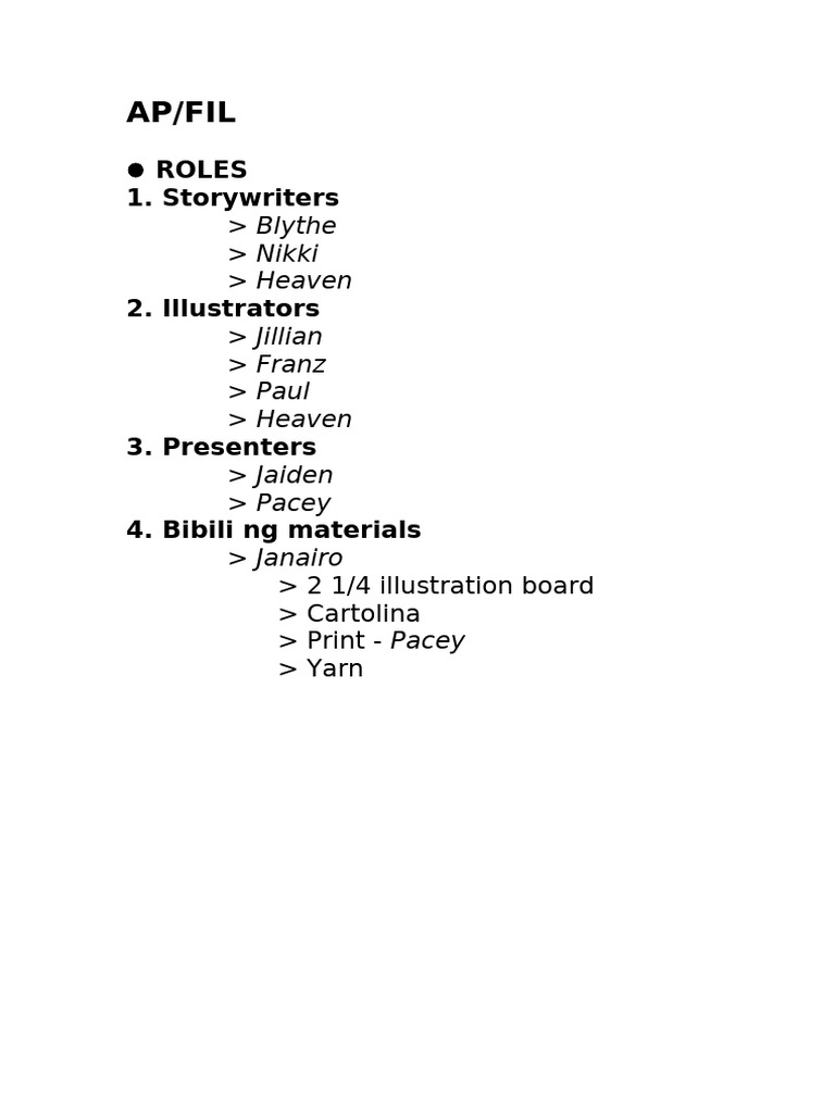 Ap/Fil: Roles 1. Storywriters | PDF
