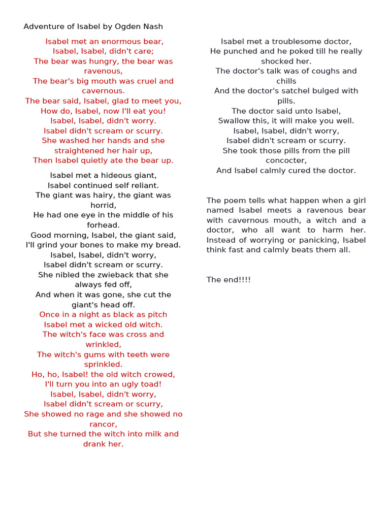 Oral Reading - Adventure of Isabel by Ogden Nash | PDF