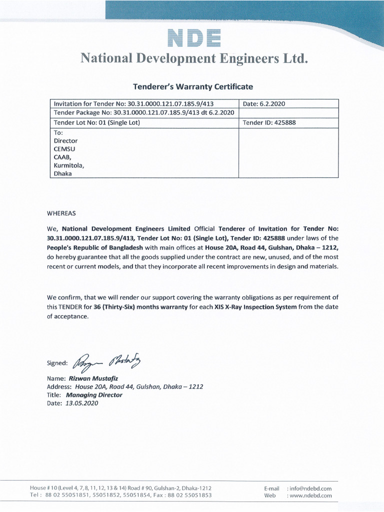 Tenderers Warranty Certificate | PDF