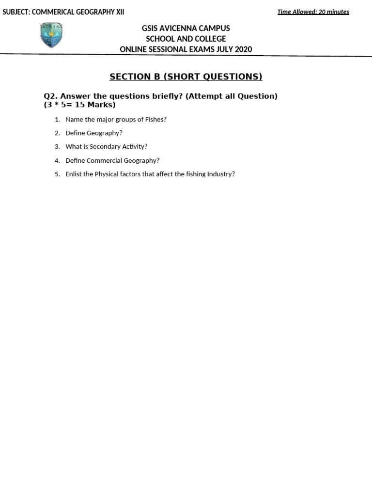 Commercial Geography XII Exam | PDF