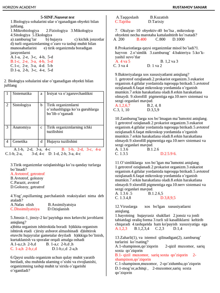 5 Sinf Nazorat | PDF