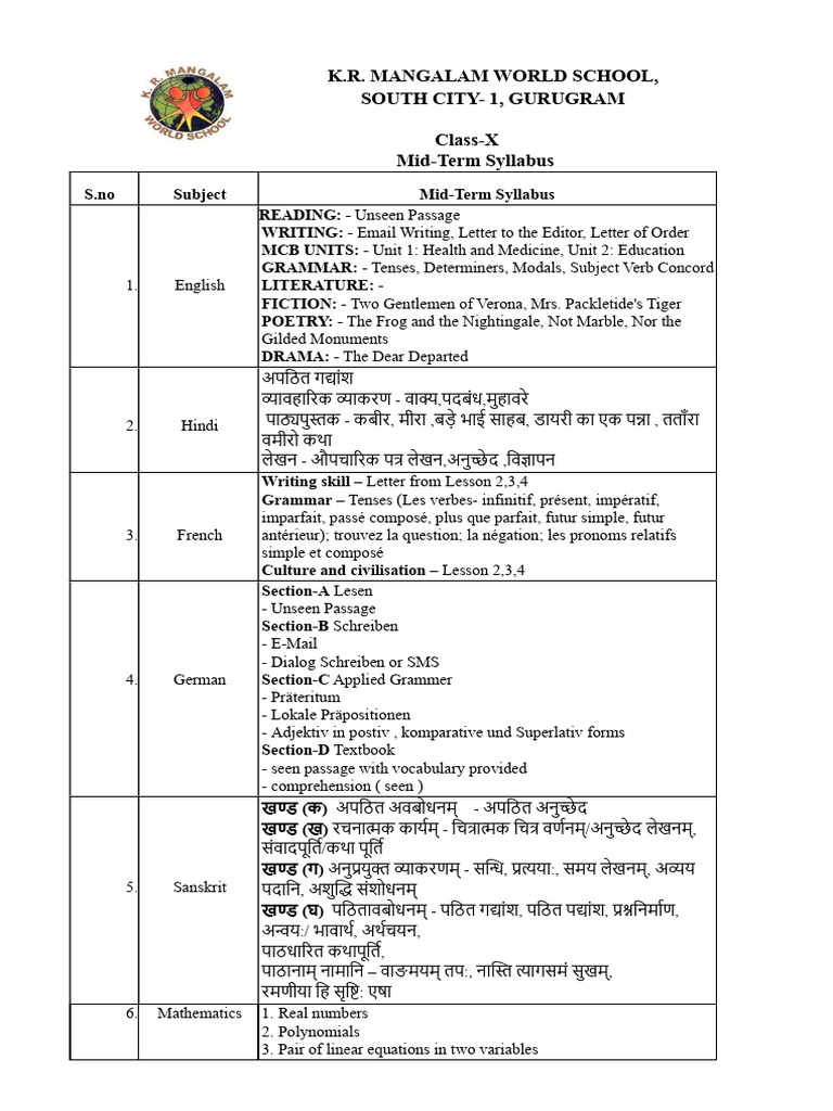 MidTerm Syllabus Class X | PDF | Equations | Linguistics