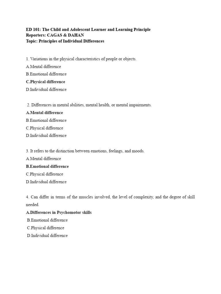 ED 101 - Principles of Individual Differences | PDF | Learning | Emotions