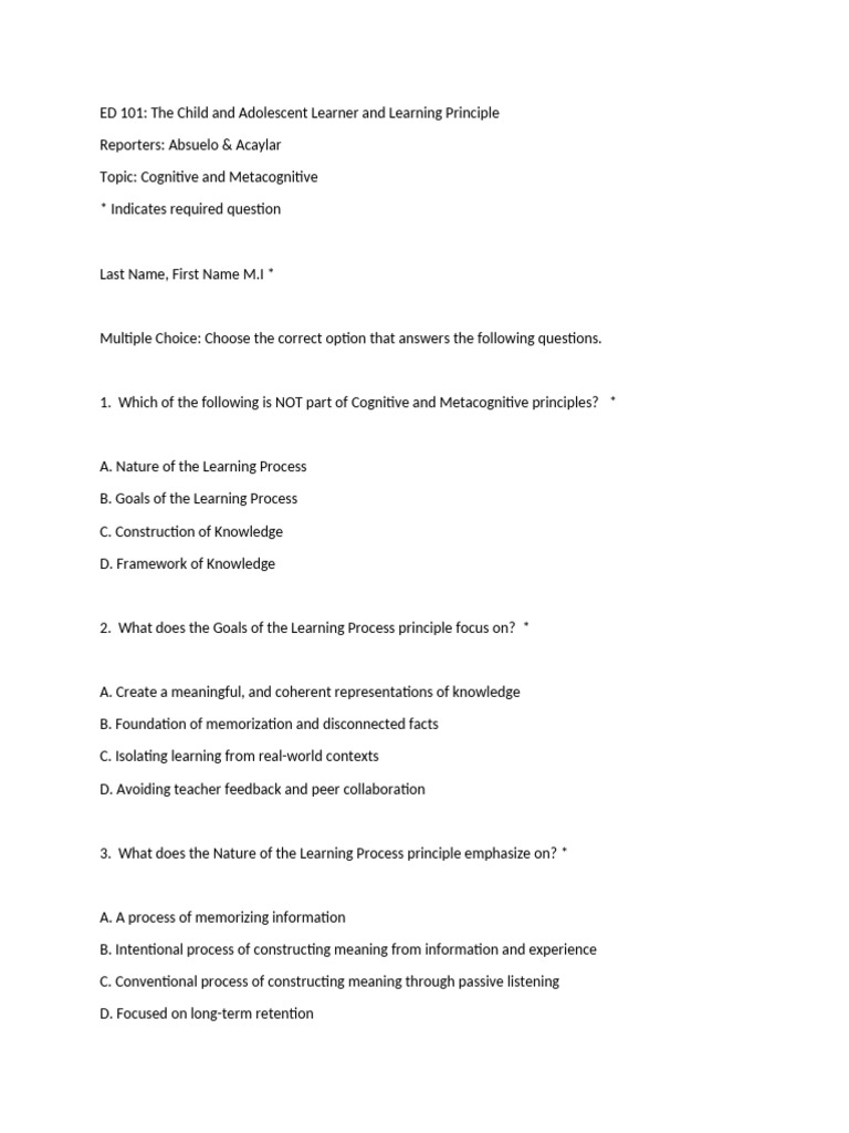 Ed 101 Cognitive And Metacognitive Quiz Pdf Learning Metacognition