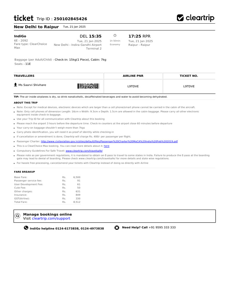 Cleartrip Flight E-Ticket-1 | PDF | Aviation | Transport