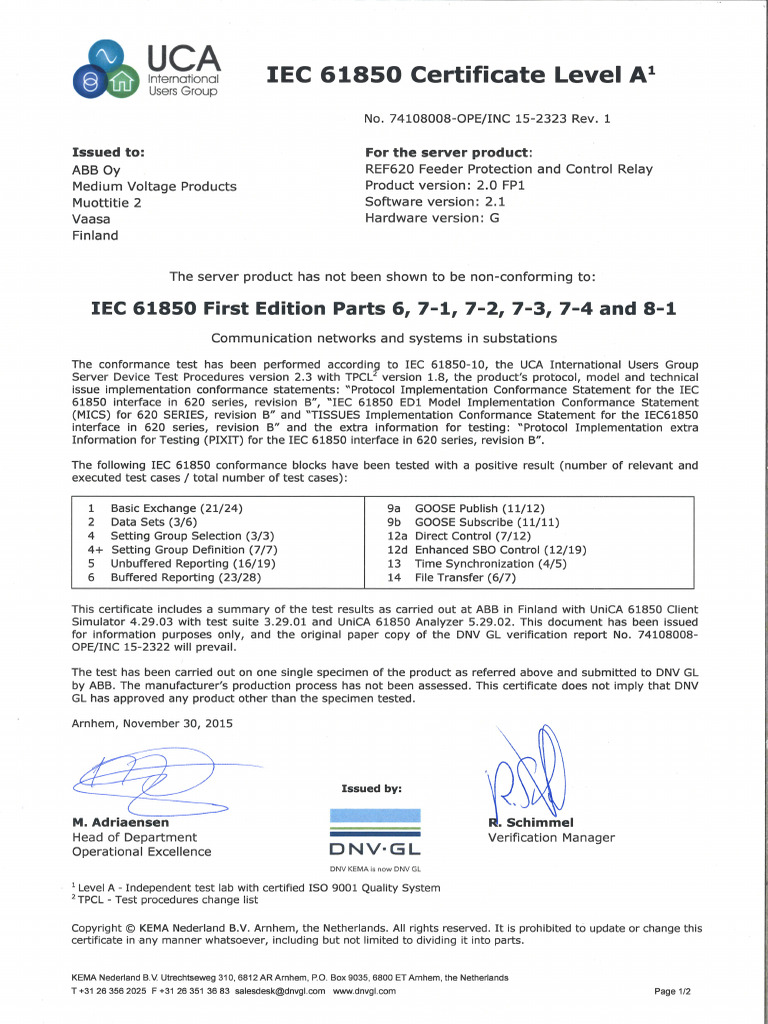 15-2323rev1 DNVGL ABB REF620 REM620 RET620 ServerEd1 Certificate | PDF