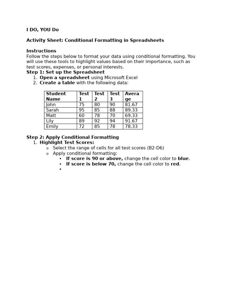 Activity Sheet Conditional Formating | PDF