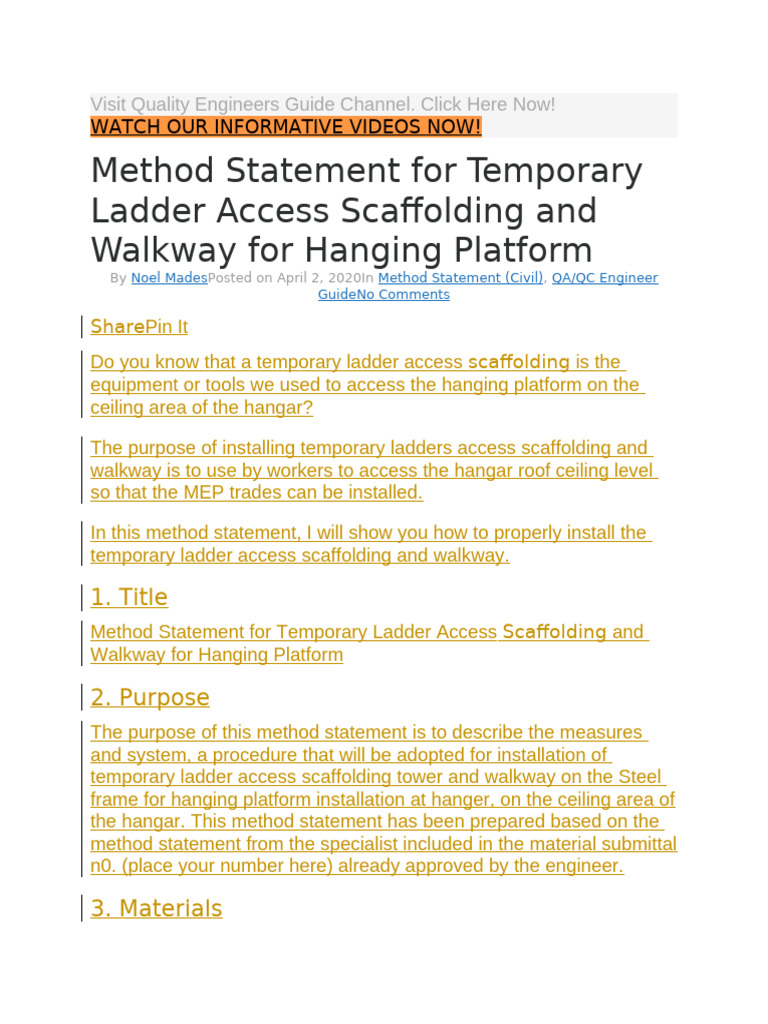 Method Statement For Temporary Ladder Access Scaffolding and Walkway ...