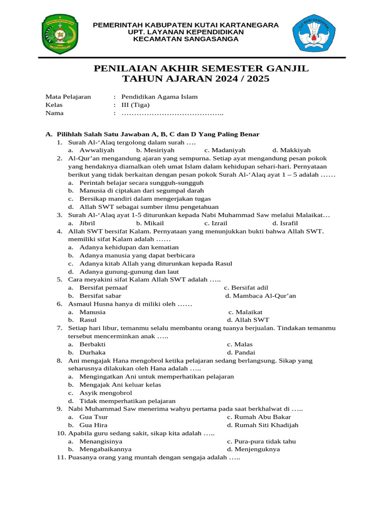 SOAL PAS GANJIL KELAS III 2024-2025 | PDF