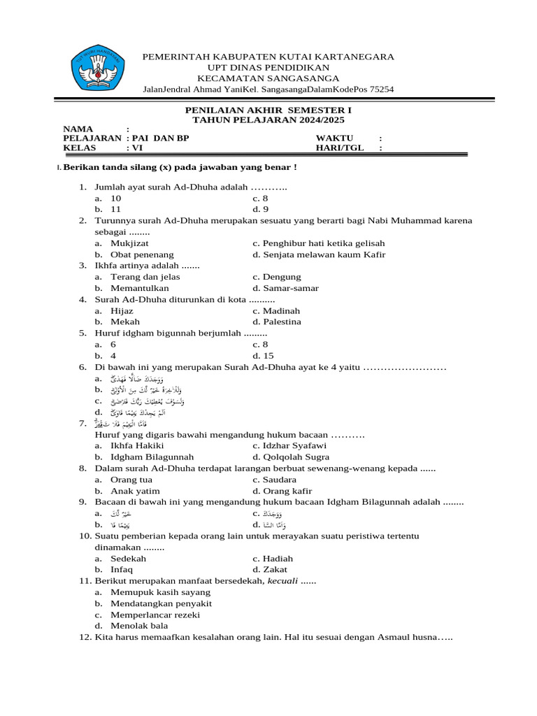 Soal Semester 1 kelas 6 PAI 2024.2025 | PDF