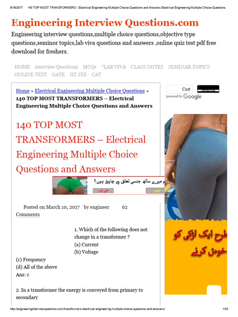 140 TOP MOST TRANSFORMERS - Electrical Engineering Multiple Choice Questions and Answers ...