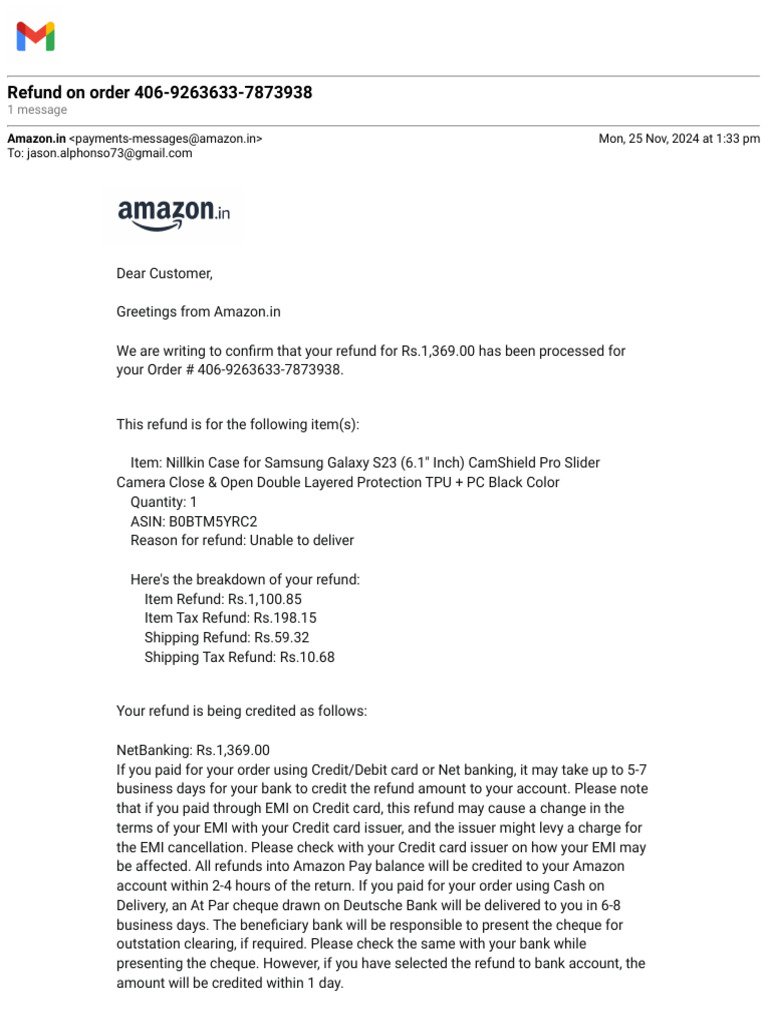 Gmail - Refund On Order 406-926363 | PDF | Credit Card | Cheque