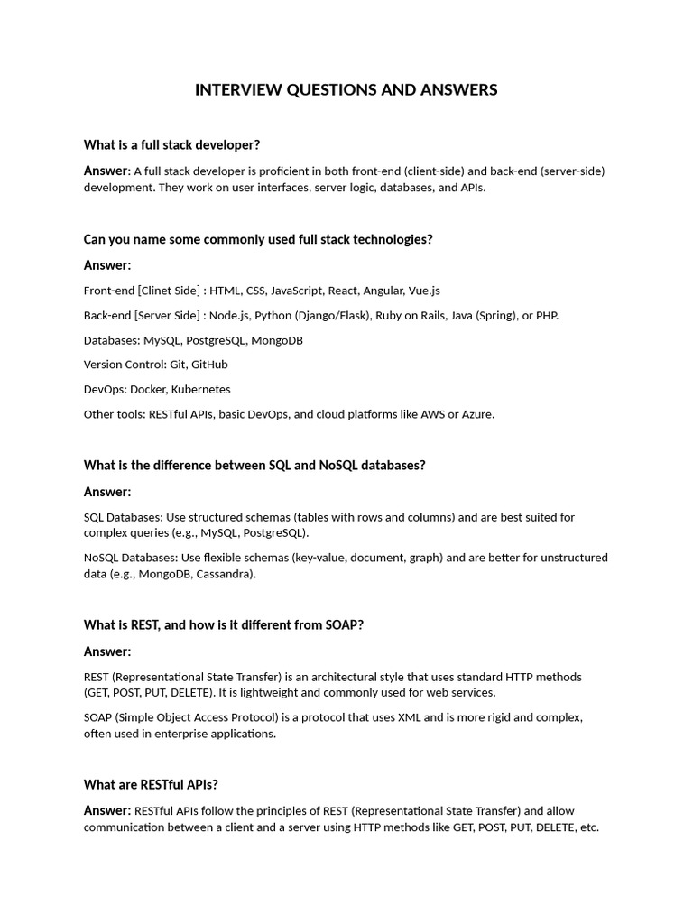 Full Stack Developer Interview Guide | PDF | Databases | Document ...