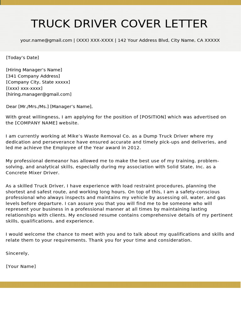 Truck Driver Cover Letter Template | PDF | Résumé | Truck Driver