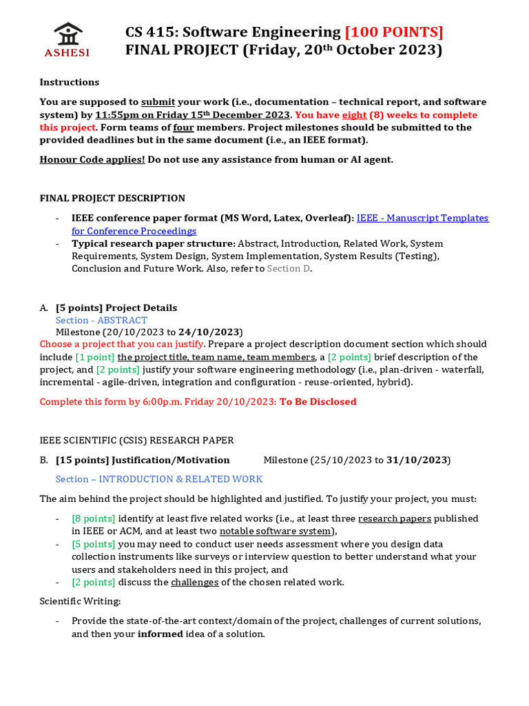 CS 415 Software Engineering Final Exam Project 2023 | PDF | Software | Use Case