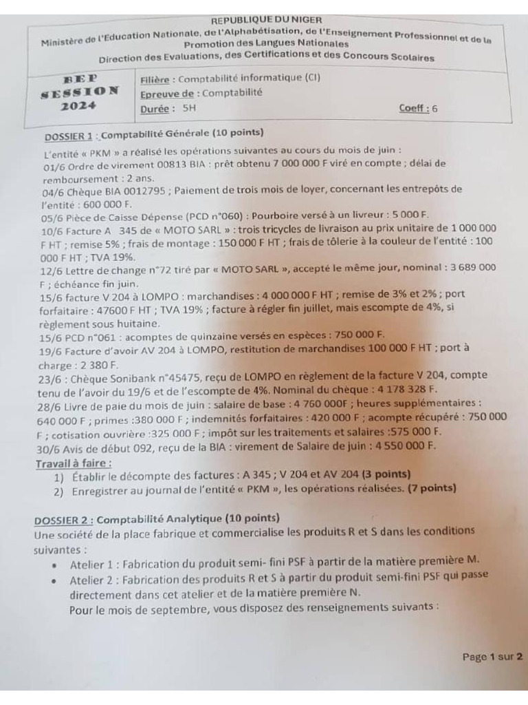 Épreuve Compta BEP D'état 2024 | PDF