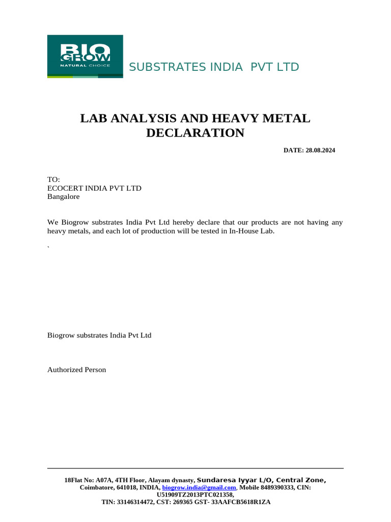 Heavy Metal Declaration by Biogrow | PDF