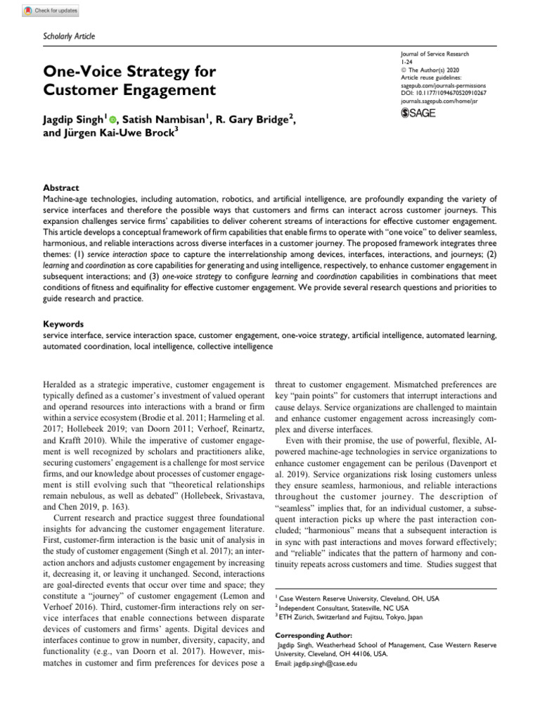 One-Voice Strategy For Customer Engagement: Jagdip Singh, Satish Nambisan, R. Gary Bridge, and ...
