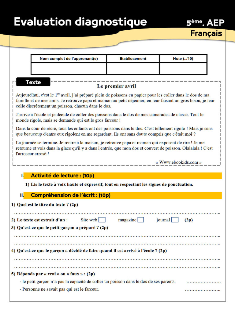 Evaluation diagnostique 5ème.aep | PDF