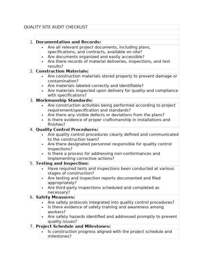Essential Quality Site Audit Checklist | PDF | Specification (Technical ...