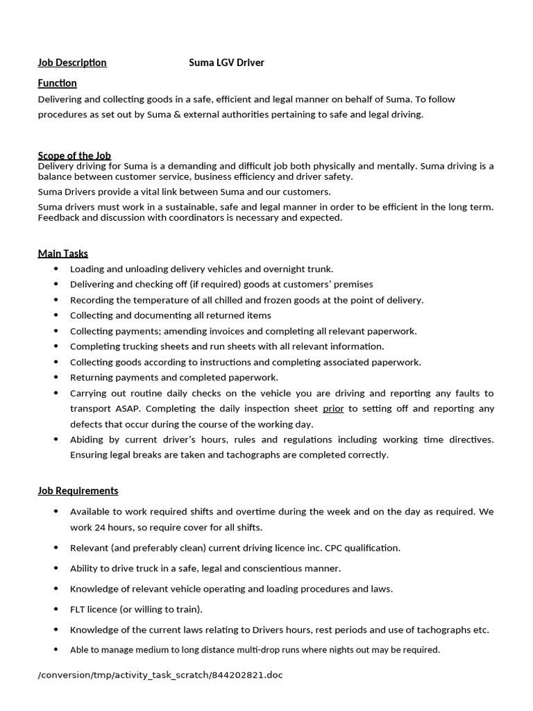 Delivery Driver Job Description in Word | PDF | Truck | Driver's License